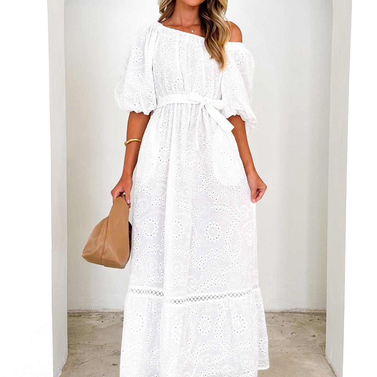 Ellerie Midi Dress - White Anglaise – Gingham & Heels