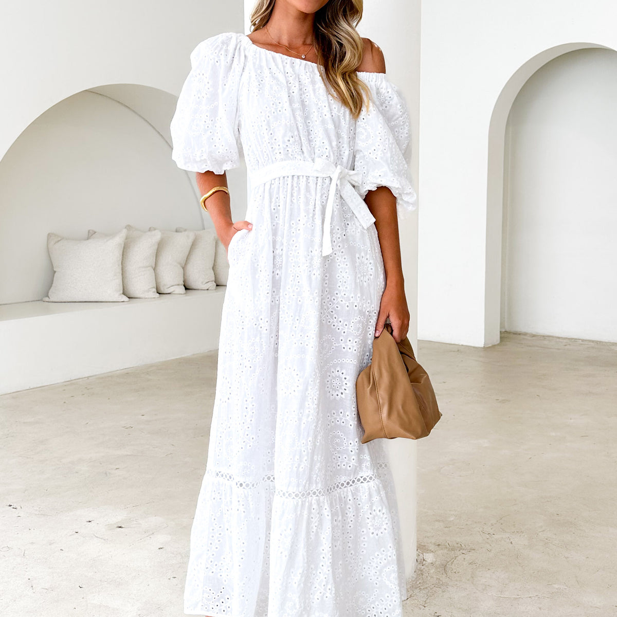 Ellerie Midi Dress - White Anglaise – Gingham & Heels