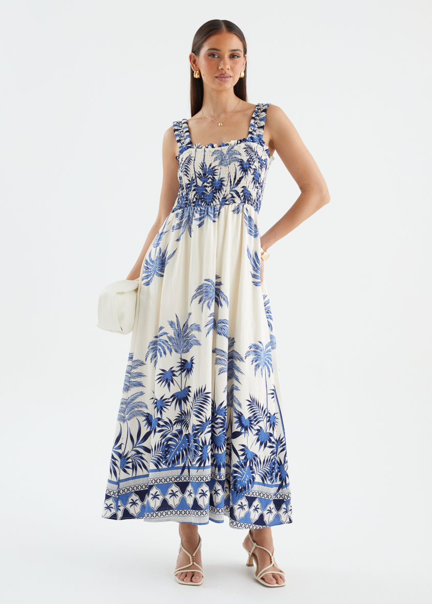 Emillina Maxi Dress - Azure Palms – Gingham & Heels