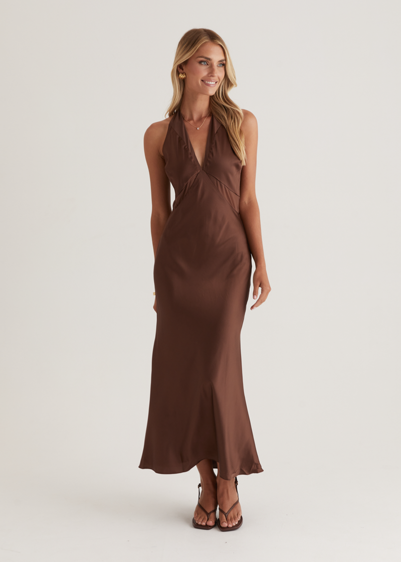 Serento Halter Maxi Dress - Chocolate – Gingham & Heels