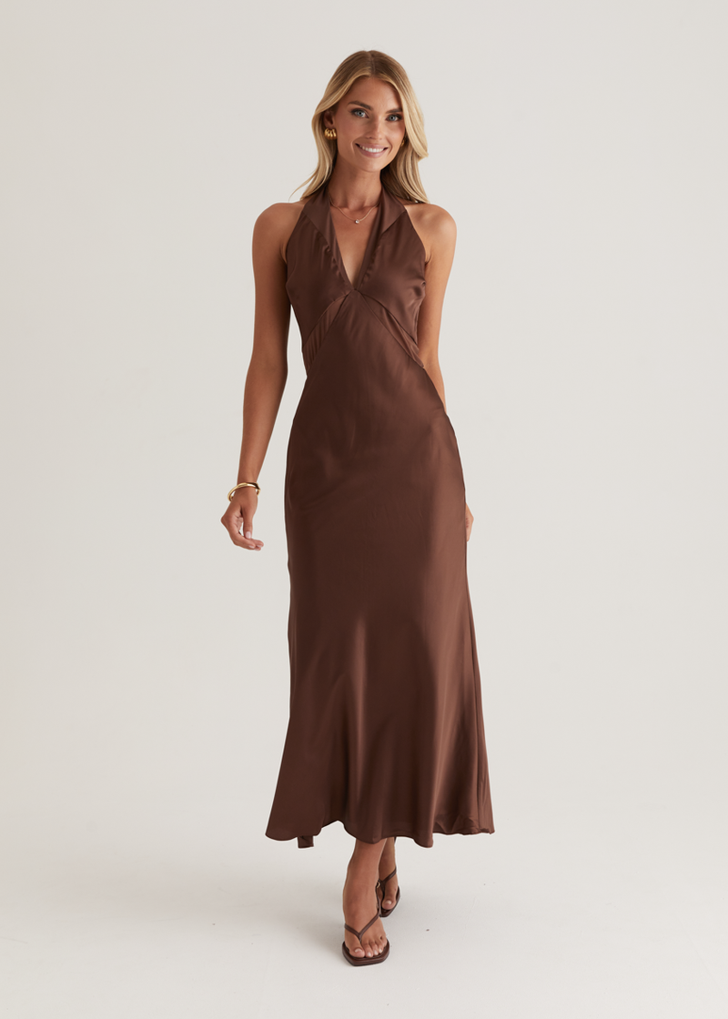 Serento Halter Maxi Dress - Chocolate – Gingham & Heels