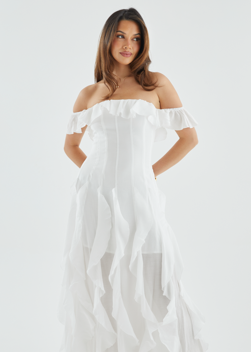 Ilana Off Shoulder Maxi Dress - White – Gingham & Heels