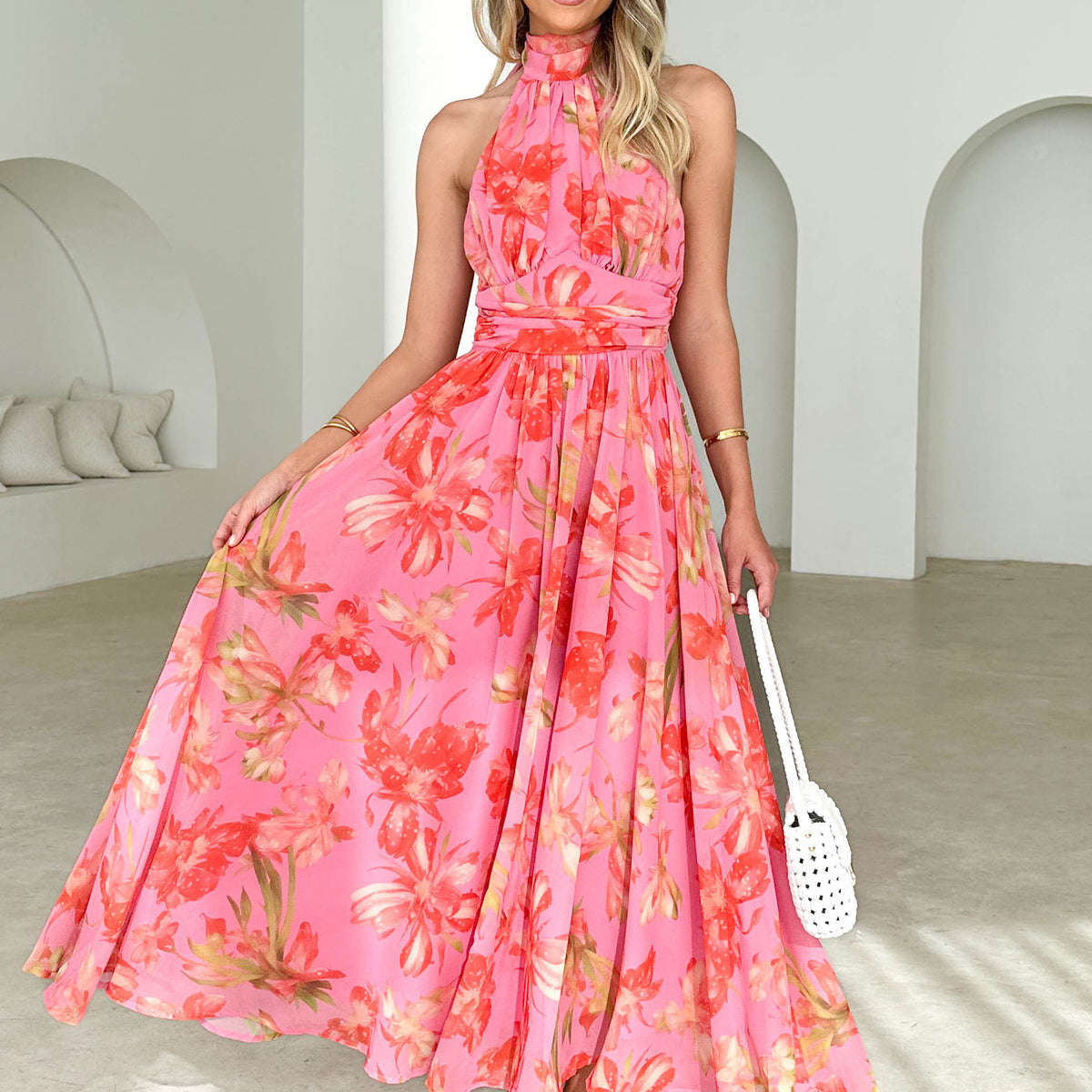 Caprice Halter Maxi Dress - Pink Floral – Gingham & Heels