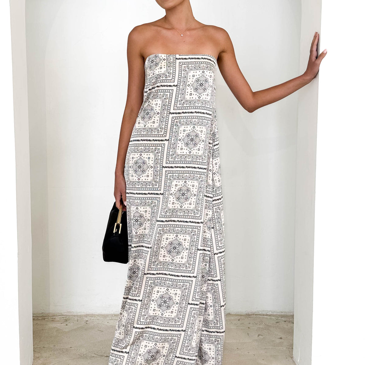 Elsbury Strapless Maxi Dress - Cream Patchwork – Gingham & Heels