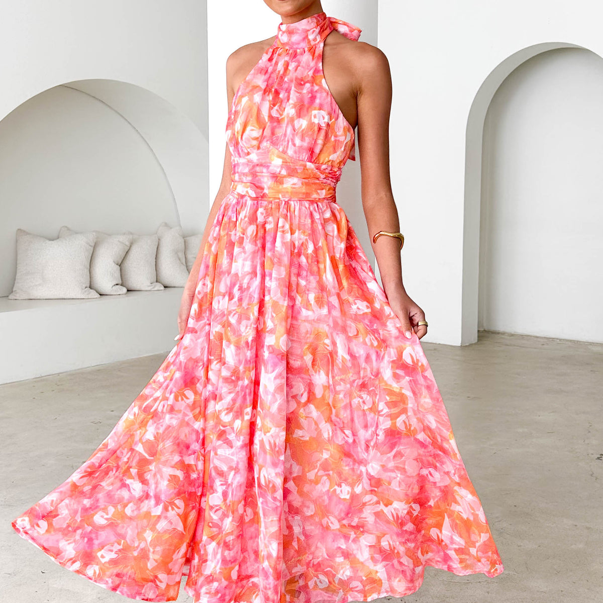 Ohio Halter Maxi Dress - Pink Splash – Gingham & Heels