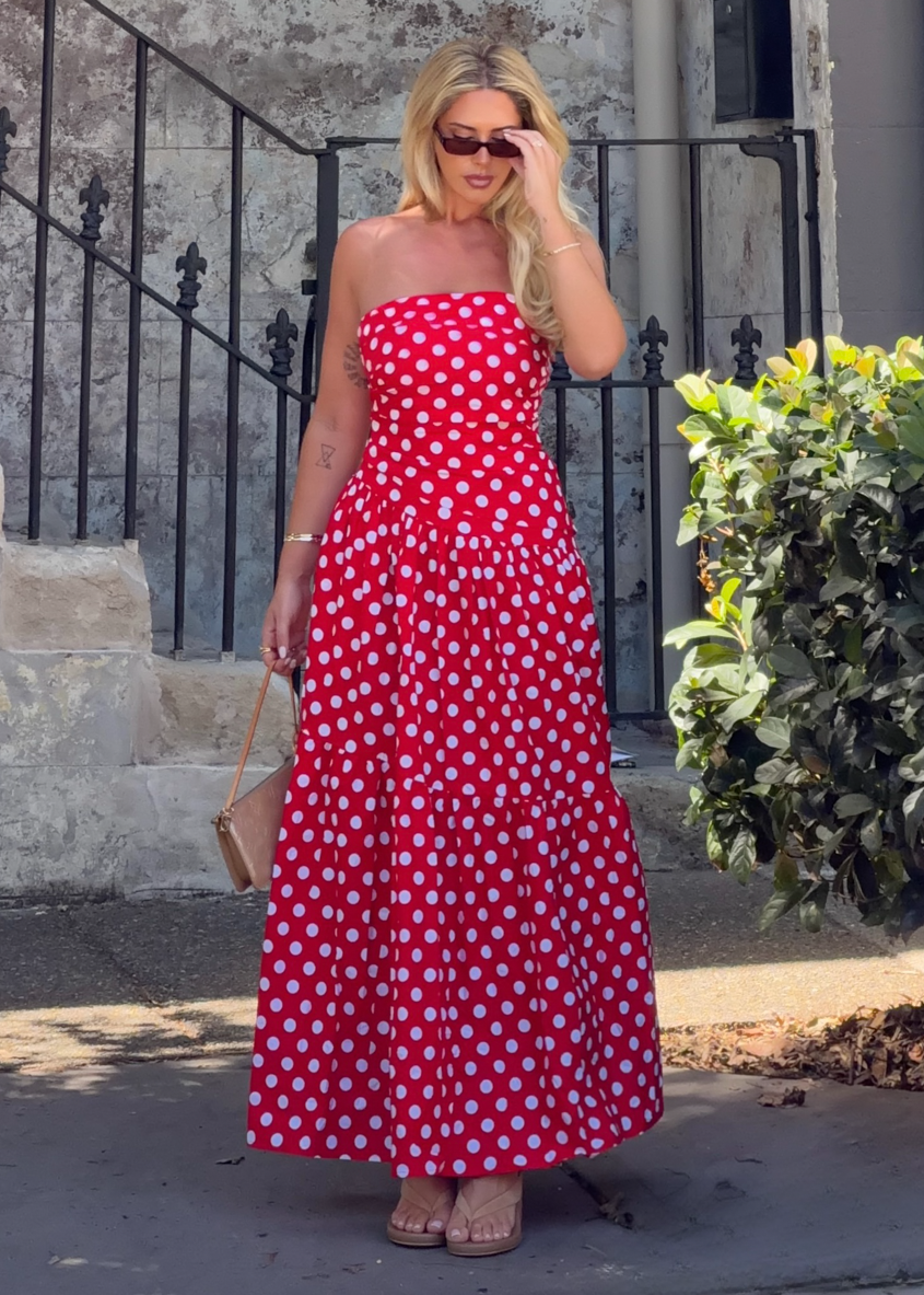 Abie Strapless Maxi Dress - Red Polka – Gingham & Heels