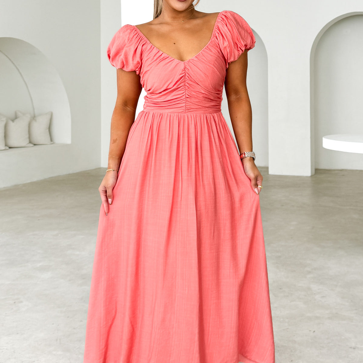 Juniper Maxi Dress - Coral – Gingham & Heels