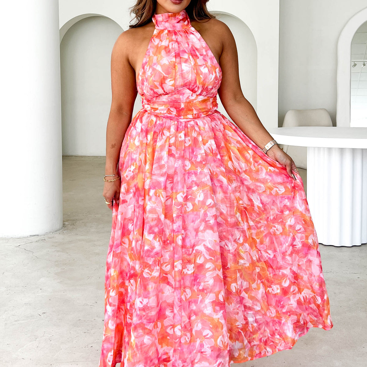 Ohio Halter Maxi Dress - Pink Splash – Gingham & Heels