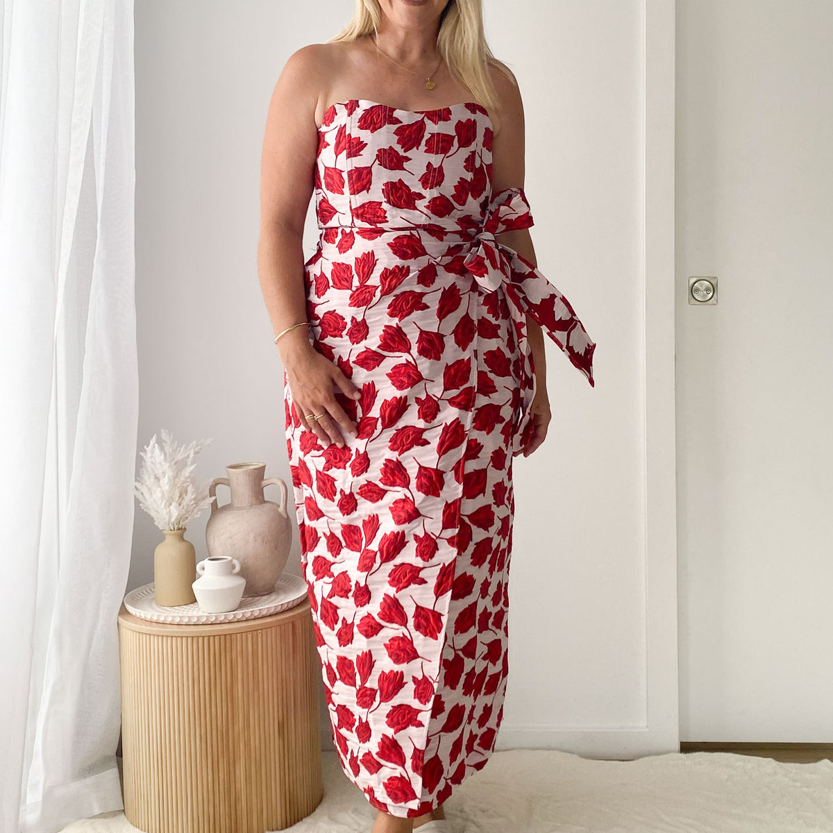 Indra Strapless Midi Dress - Red Rose – Gingham & Heels