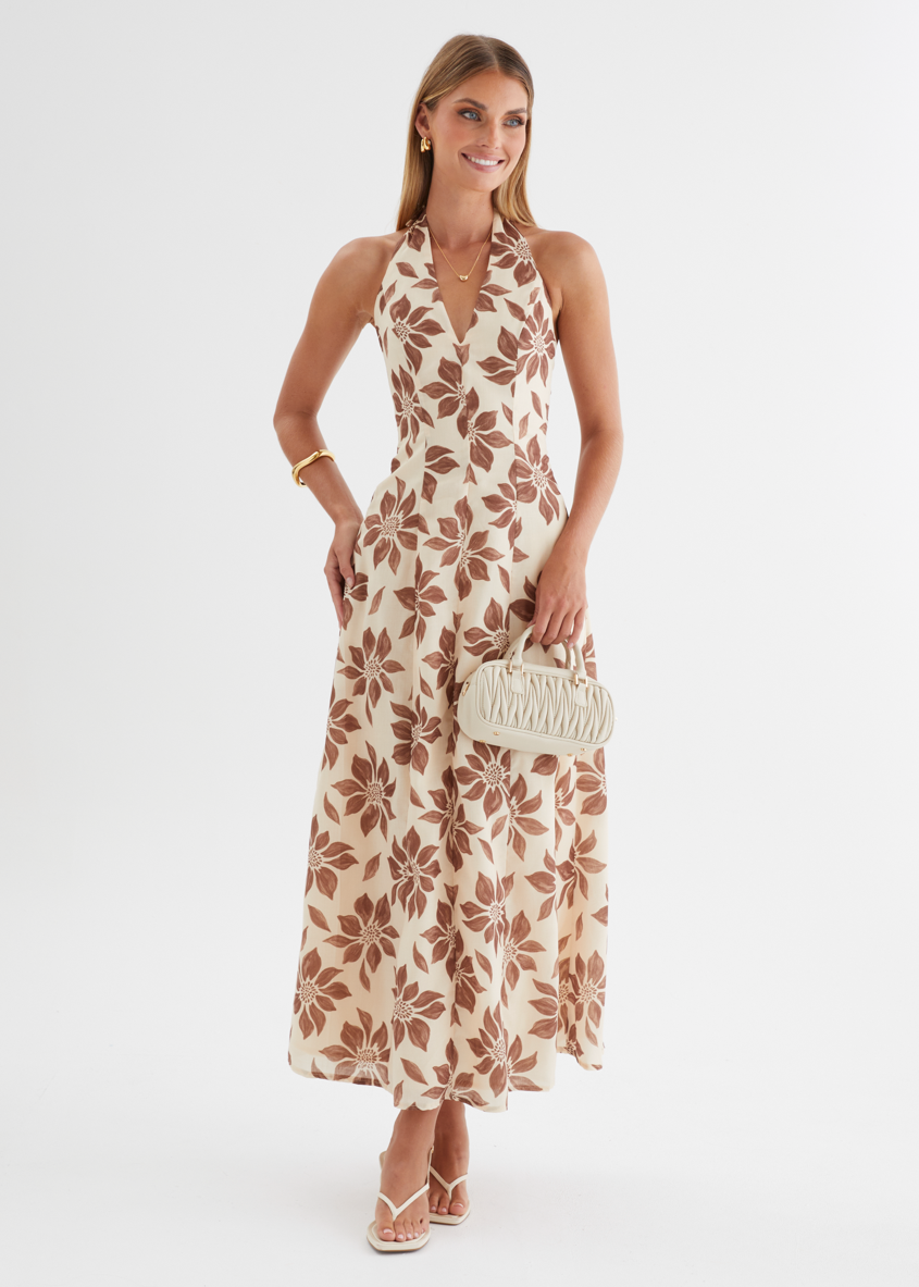 Ricci Halter Maxi Dress - Tan Flowers – Gingham & Heels