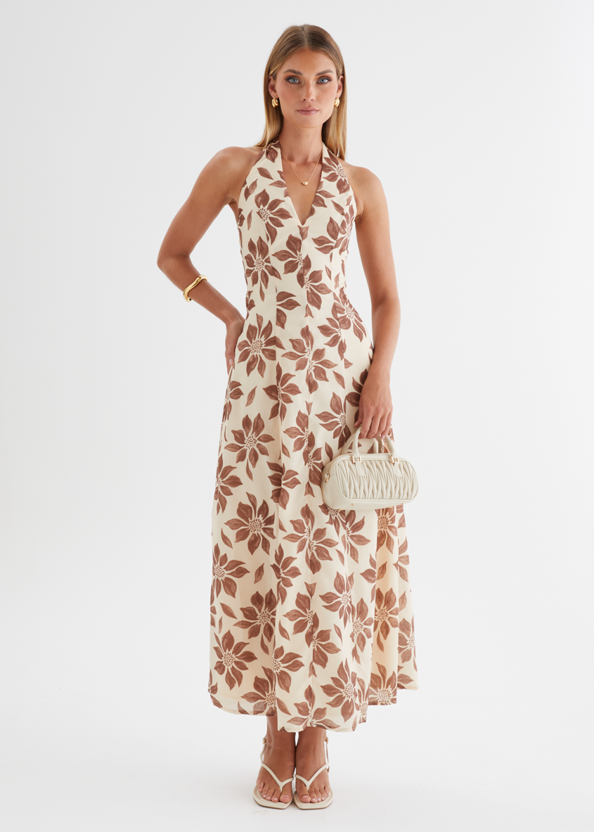 Ricci Halter Maxi Dress - Tan Flowers – Gingham & Heels