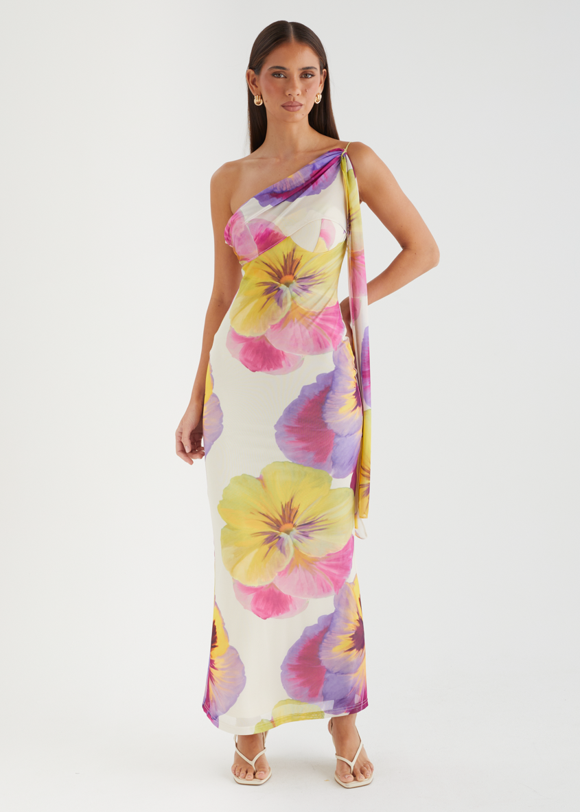 Lilley One Shoulder Mesh Maxi Dress - Beige Floral – Gingham & Heels