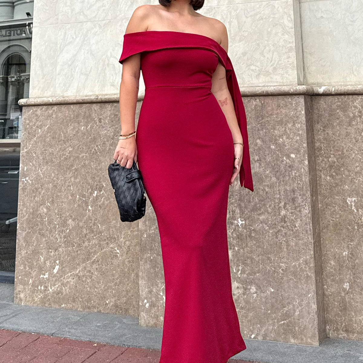 Renia Off Shoulder Maxi Dress - Cherry – Gingham & Heels