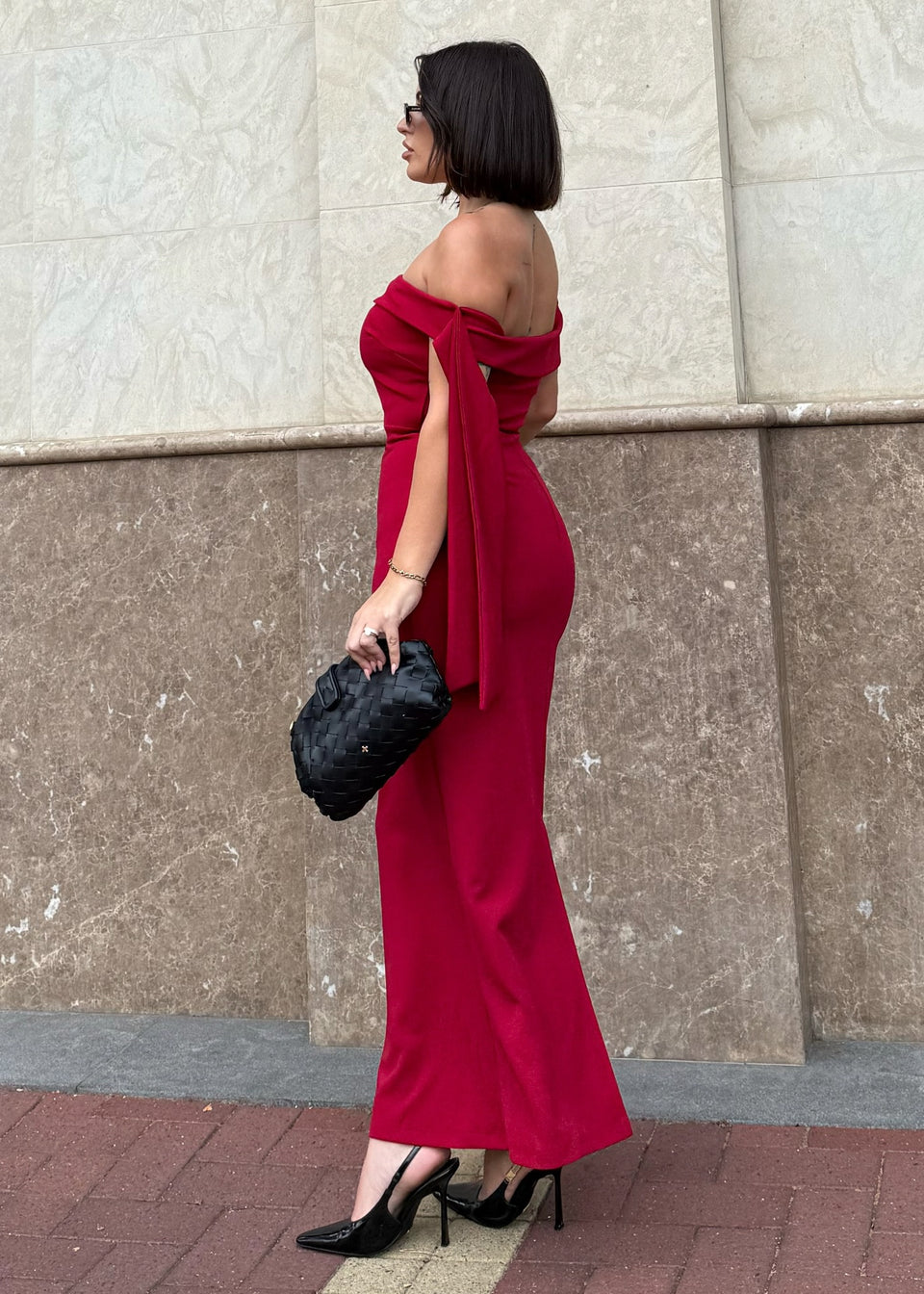 Renia Off Shoulder Maxi Dress - Cherry – Gingham & Heels